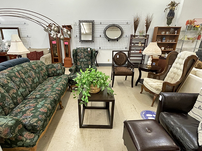 Inside The Salvation Army, furniture displays rival department store showrooms. Second-hand sofas and chairs arranged with first-class care.