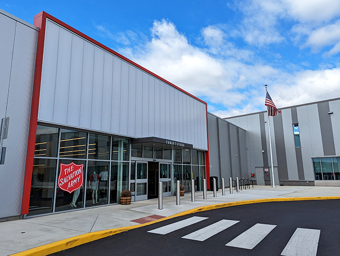 That red accent trim and sleek design prove thrift shopping has gotten a serious architectural upgrade in Delaware.