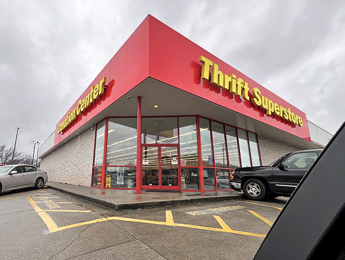 From this angle, Thrift Superstore looks like the mothership calling all bargain hunters home. Those windows reveal treasures within!