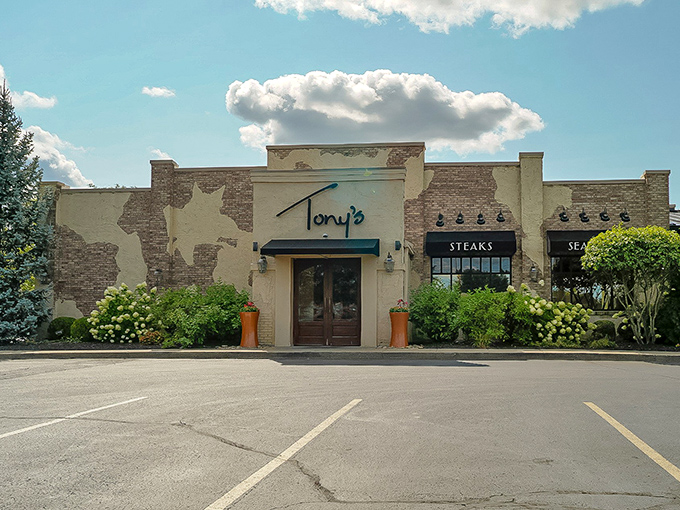 That textured yellow exterior with exposed brick tells you someone here pays attention to details. Spoiler alert: the same care goes into Tony's steaks.