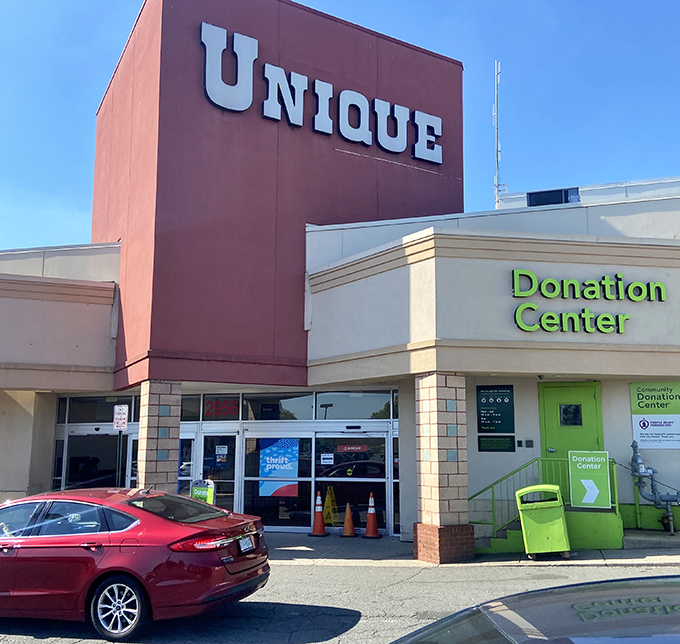 The bright green donation center proves that giving and getting can happen in the same convenient, well-organized location.