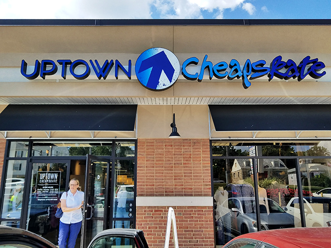 The bright blue Uptown Cheapskate sign promises a more curated thrifting adventure. Like finding a gourmet burger joint in a sea of fast food chains!