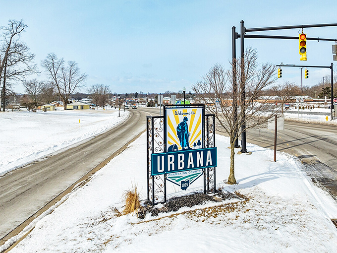 This welcoming sign marks the entrance to a town where retirement means joining a community that celebrates togetherness.