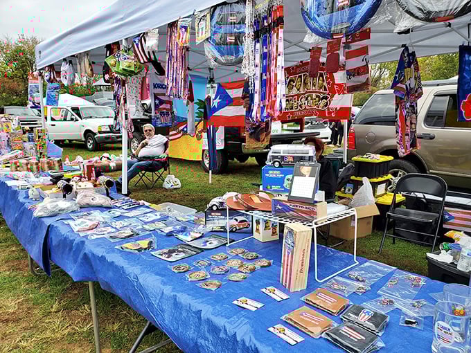 Flag-draped displays create a patriotic shopping experience. Where else can you buy an eagle statue, beef jerky, and vintage postcards in one transaction?