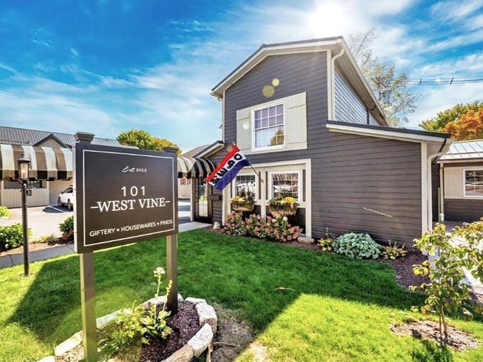 101 West Vine offers gifts and housewares in a building that looks like it was plucked straight from a Hallmark movie set.