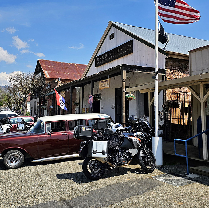 Where vintage vehicles meet historic storefronts. In Coulterville, even parking looks like a journey through time.