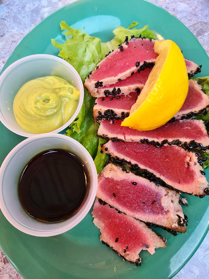 Seared ahi tuna with two dipping sauces &ndash; because sometimes life's biggest decisions should be about flavor, not finances. 