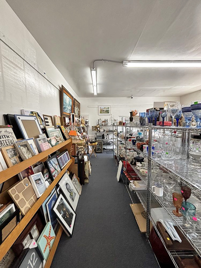 An art lover's dream aisle where forgotten frames and prints wait patiently for someone to recognize their potential as the perfect wall accent.