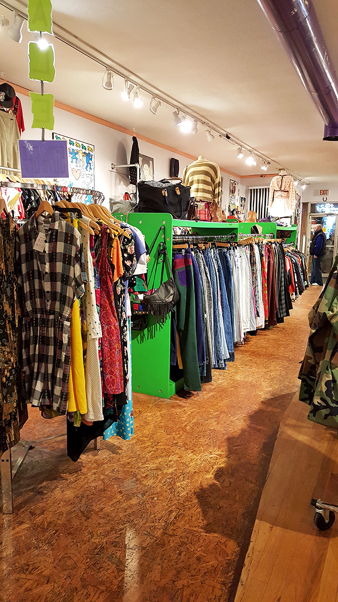 A rainbow of patterns and textures lines the narrow pathway, each hanger holding someone's future conversation piece or Halloween costume inspiration.