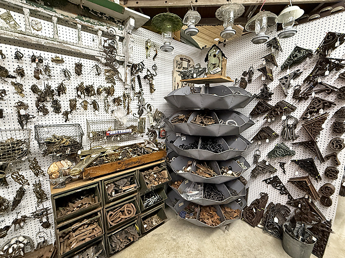 Hardware heaven! This meticulously organized collection of vintage knobs, handles, and fixtures could restore a century of homes.