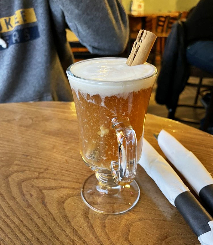 A hot apple pie cider that makes Wisconsin winters almost worth it. Like drinking autumn itself, with a cinnamon stick standing guard.
