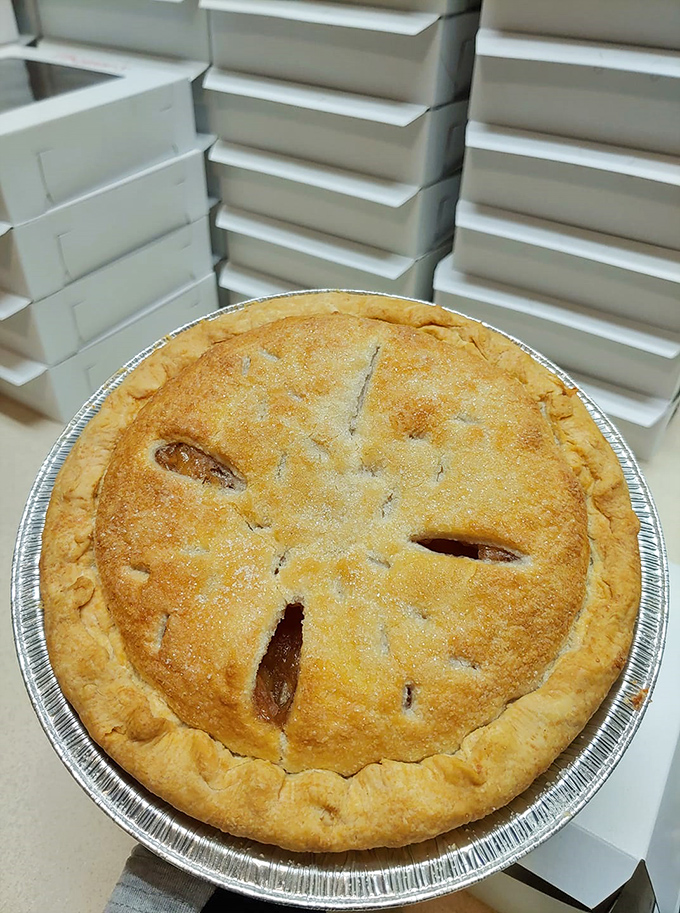 Golden lattice work and caramelized edges on this apple pie suggest that someone's grandmother is working serious magic in the kitchen.