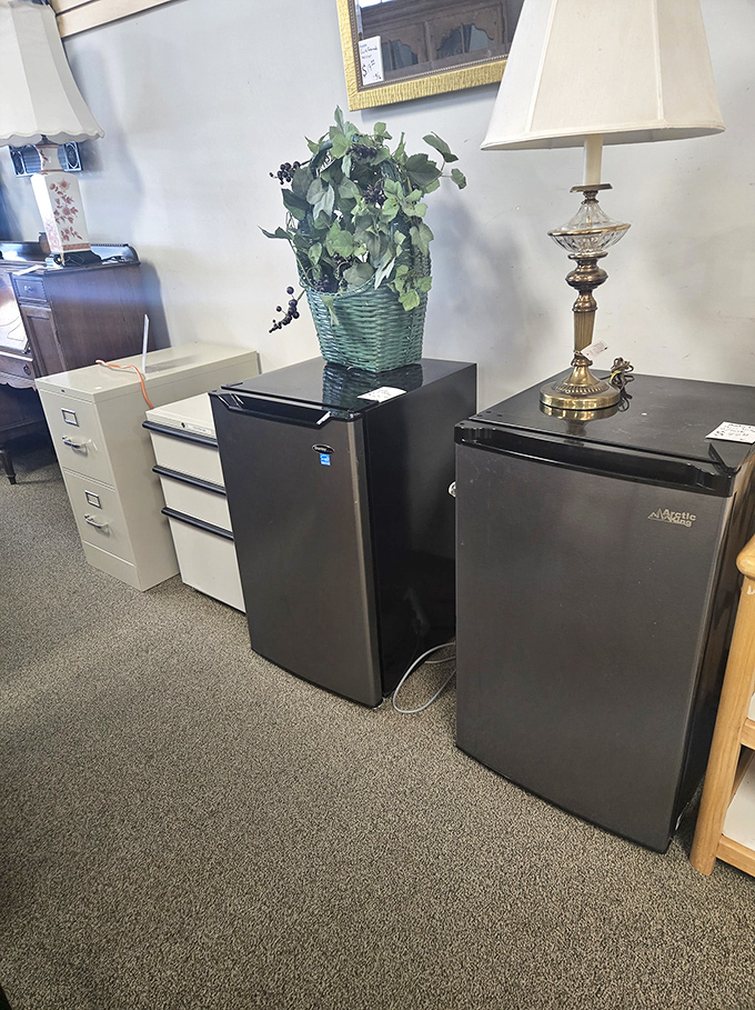 Office filing cabinets meet dorm room mini-fridges in the appliance corner. The practical side of thrifting that saves both dollars and landfill space.