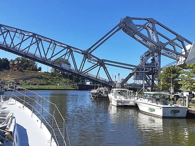 Ashtabula's iconic lift bridge raises its middle section like a mechanical salute to passing boats, a daily spectacle that never gets old.