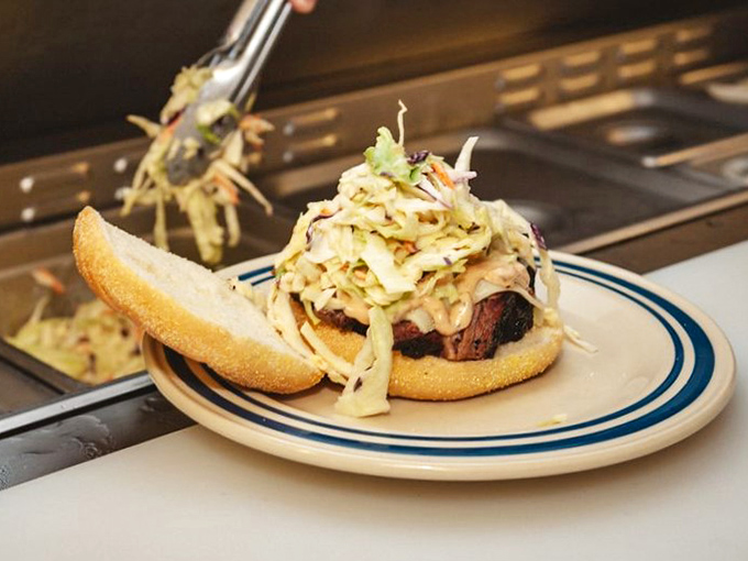 A sandwich piled high with coleslaw &ndash; because sometimes more really is more, especially with barbecue.