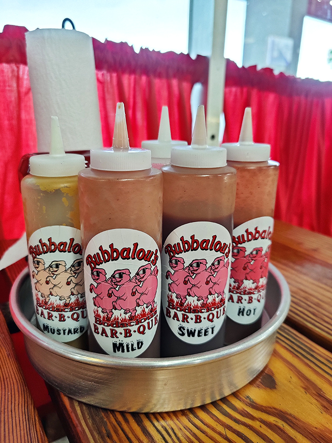The sauce caddy&mdash;barbecue's version of a cocktail bar. From mustard to hot, each squeeze bottle holds liquid personality waiting to express itself.