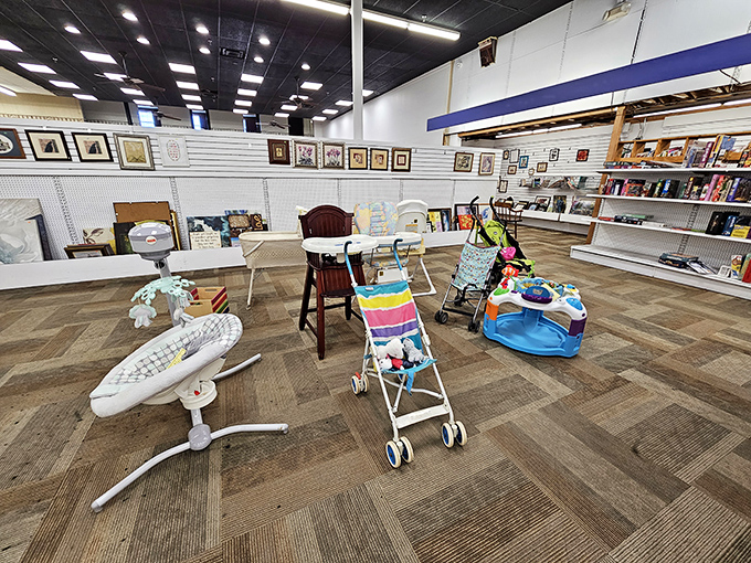 The baby section features strollers, activity centers, and everything a growing family needs without the first-time price tags. Grandparents, take note!