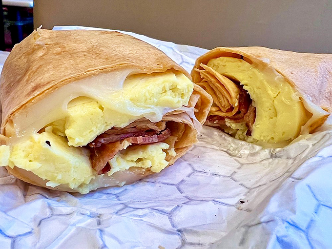 Breakfast wrapped up like the present it truly is. This bacon, egg and cheese creation makes morning meetings almost bearable.