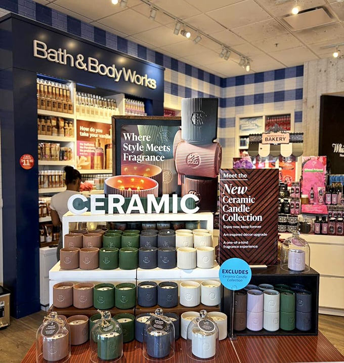 Bath & Body Works' ceramic candle display &ndash; where "just browsing" turns into "somehow I need seventeen candles for rooms I don't even have."