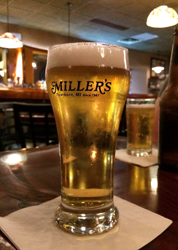 A cold beer in a Miller's glass &ndash; because sometimes the universe just hands you these perfect little moments of symmetry.