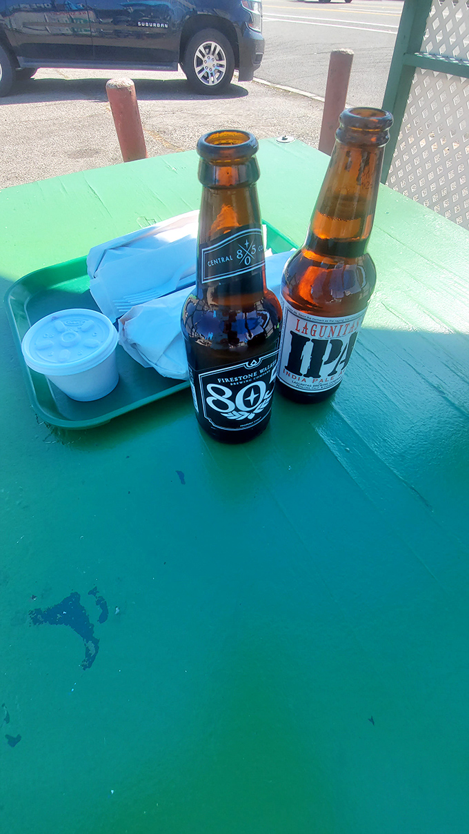 California craft beer&mdash;Firestone Walker and Lagunitas&mdash;served on turquoise picnic tables. Because mountain air and local brews are nature's perfect pairing.