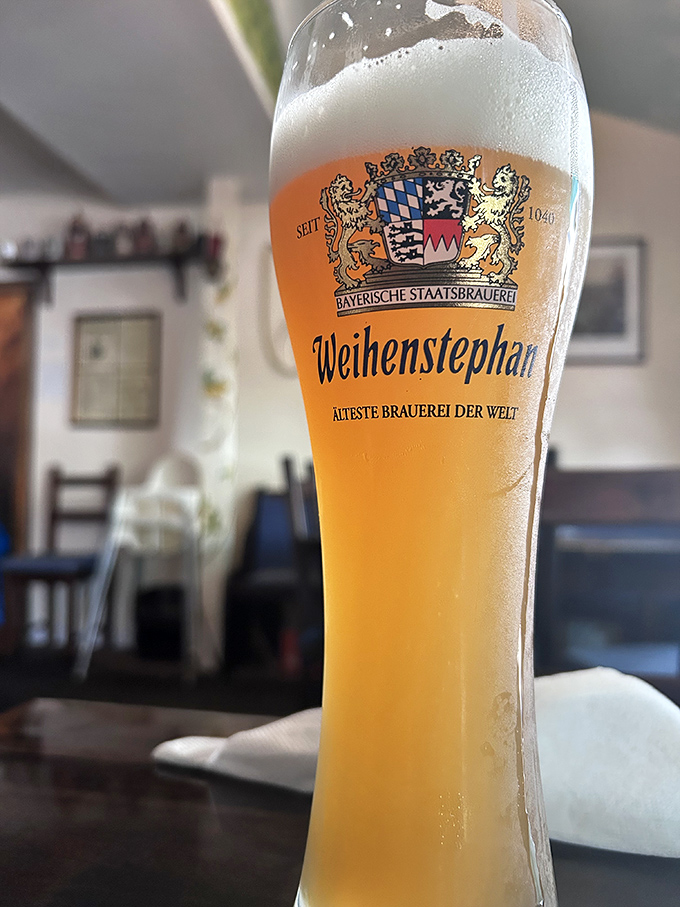 A proper German beer served in its proper glass&mdash;tall, proud, and wearing a perfect foam hat. This isn't a drink; it's a cultural experience. 
