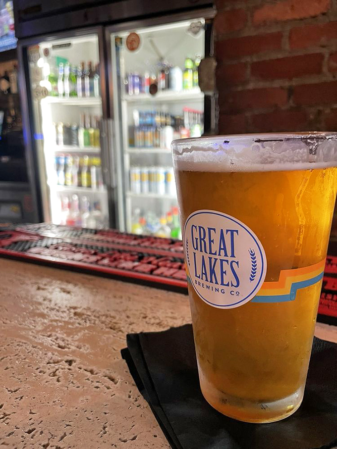 A cold Great Lakes brew waiting at the bar&mdash;because what pairs better with a legendary burger than a local craft beer?