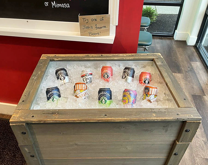 A rustic ice chest showcasing local craft brews&mdash;because nothing complements slow-cooked meat better than carefully crafted beer. A match made in heaven.