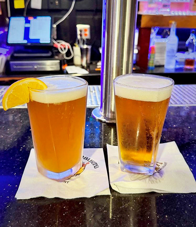 Cold beer and good company&mdash;the perfect supporting cast for the star of the show. That orange slice isn't just garnish, it's optimism in citrus form.