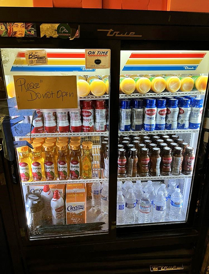 The beverage cooler &ndash; because even superheroes need sidekicks. These drinks stand ready to wash down your donut adventures.