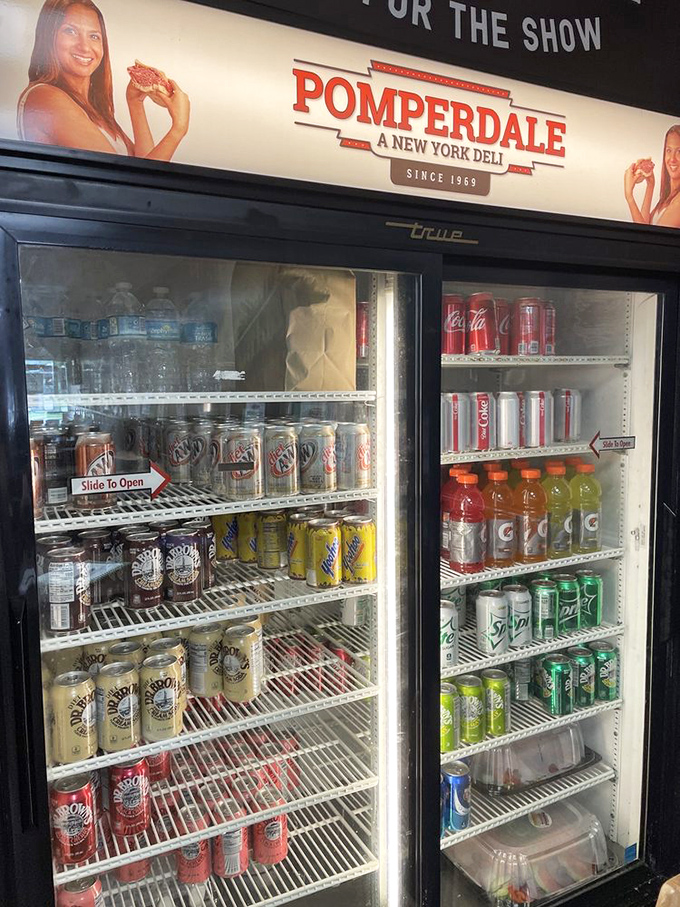 Even the beverage selection stays true to the deli experience &ndash; Dr. Brown's sodas standing at attention like fizzy soldiers ready for sandwich duty.