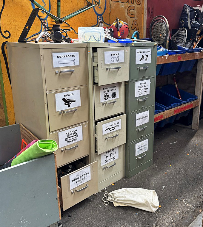 Bike parts organized with military precision. Even Marie Kondo would approve of this filing system for cycling treasures.