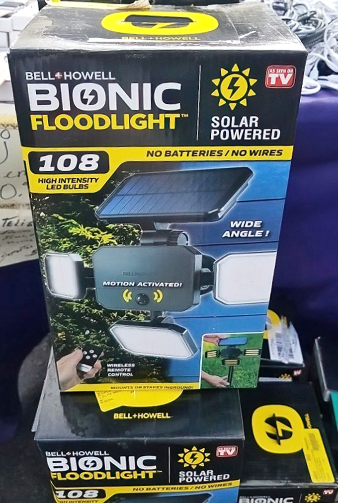 As Seen on TV in its natural environment! The Bell+Howell Bionic Floodlight awaits someone brave enough to believe the box's ambitious claims.