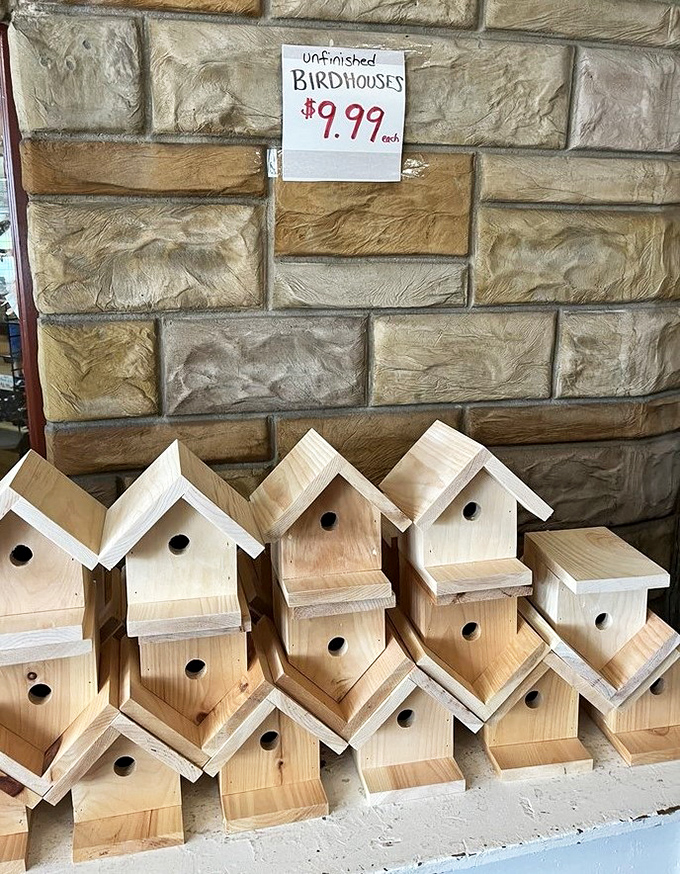 Unfinished wooden birdhouses prove that Dutch Haven's charm extends beyond the bakery into handcrafted territory.