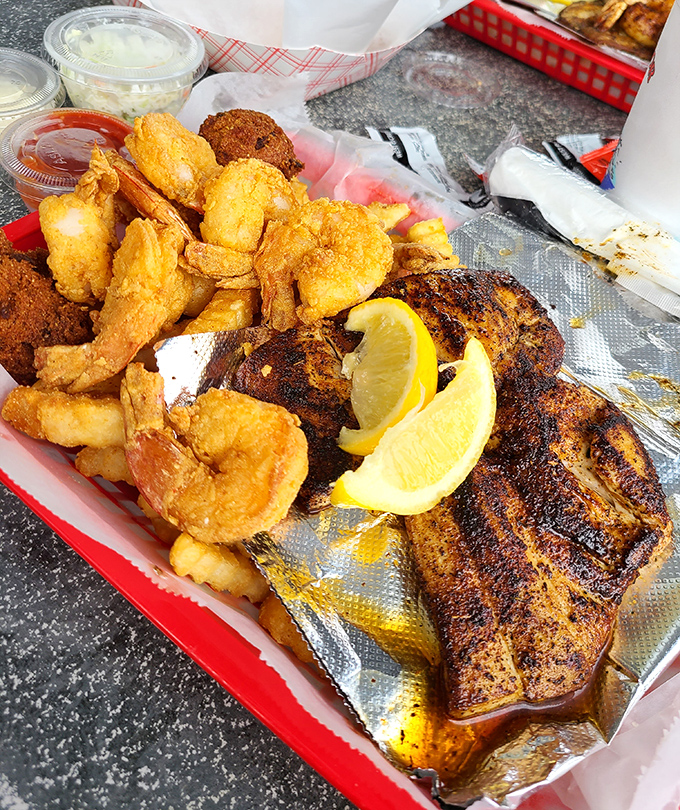 The indecision-solver: blackened mahi and fried shrimp sharing a basket with fries. Why choose when you can have the best of both worlds?