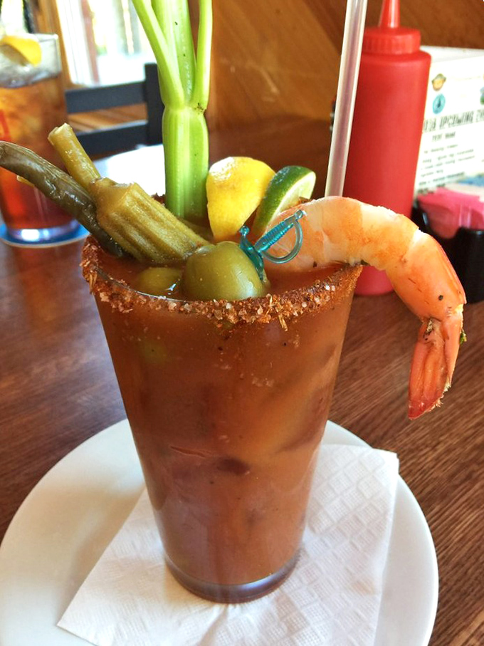 A Bloody Mary that's practically a meal unto itself. That shrimp perched on the rim isn't garnish&mdash;it's an appetizer with a view.