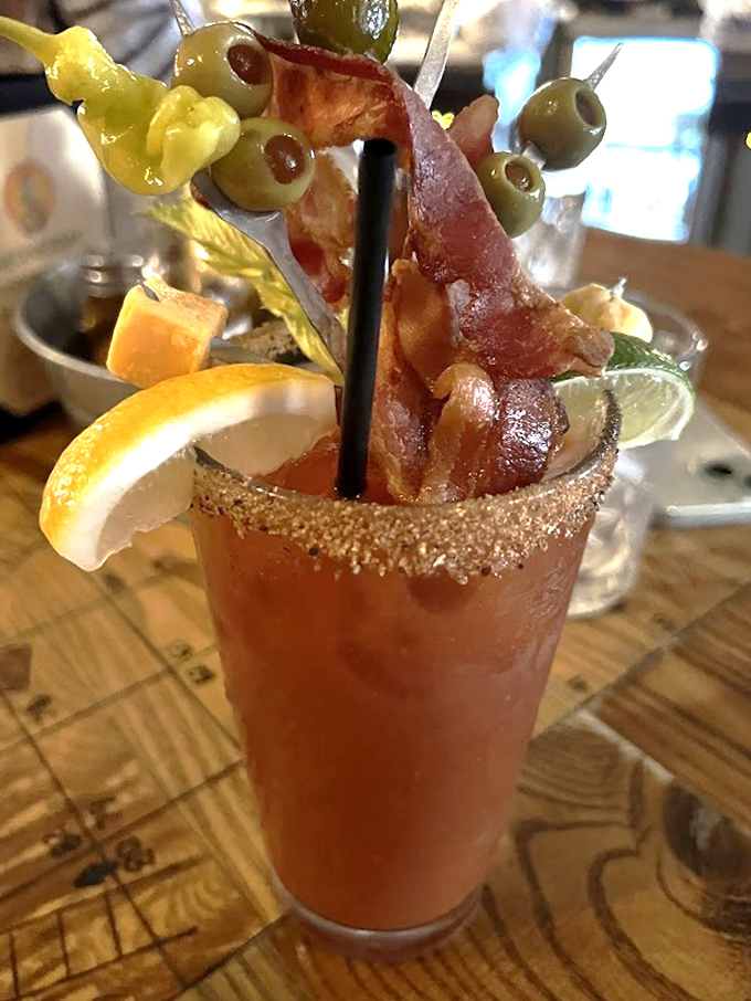 A Bloody Mary that means business, garnished like it's competing for Miss Congeniality at the cocktail pageant.
