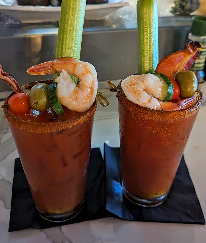 That Bloody Mary means business &ndash; probably counts as a salad with all those garnishes hanging off.