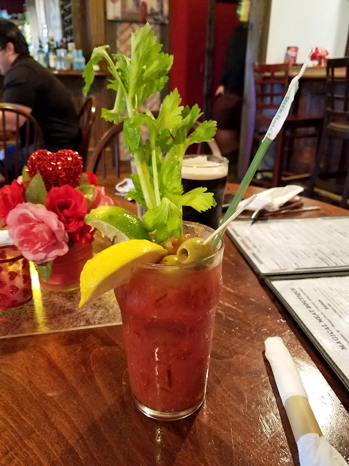Their Bloody Mary comes dressed to impress with more garnishes than a Kentucky Derby hat. Celery stalk included, naturally!