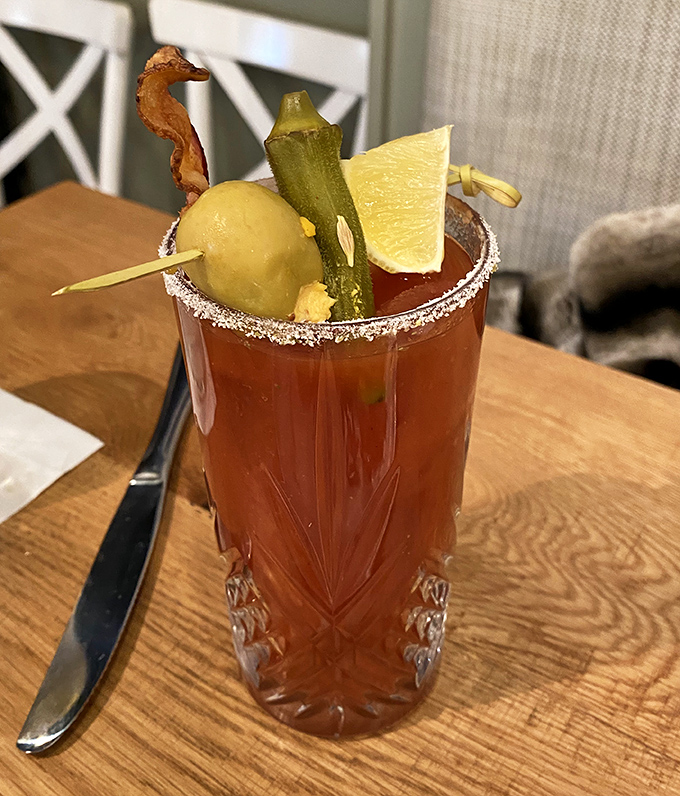 A Bloody Mary that's practically a meal unto itself, complete with the requisite pickle spear and bacon swagger.