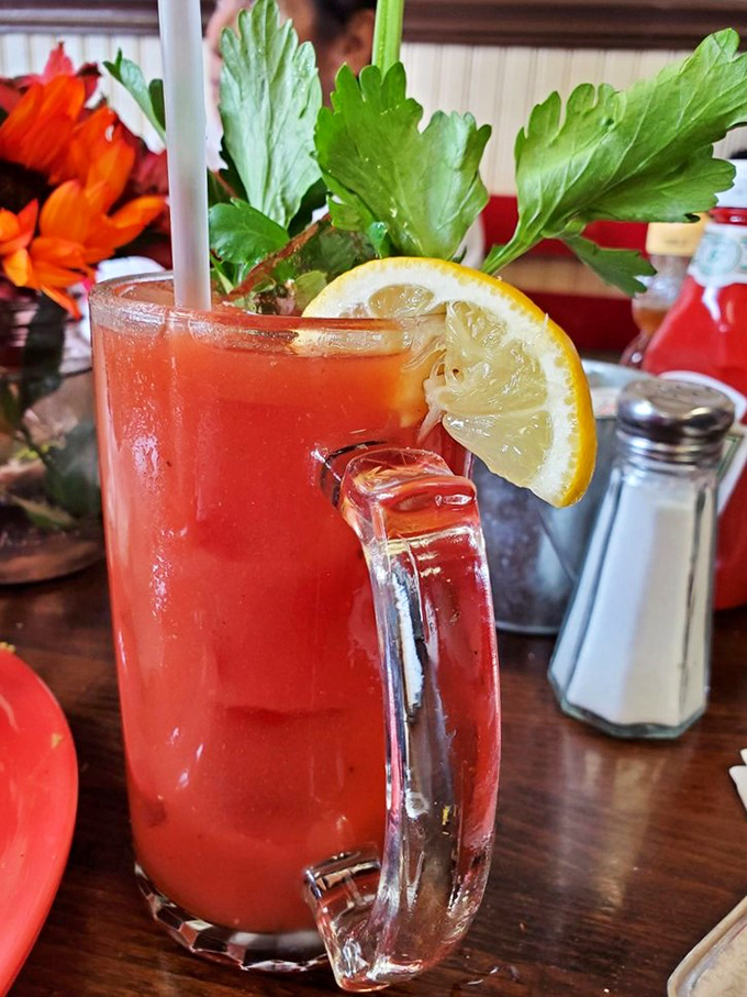 Their Bloody Mary comes dressed for success with more garnish than some salads. It's breakfast in a glass with a kick.