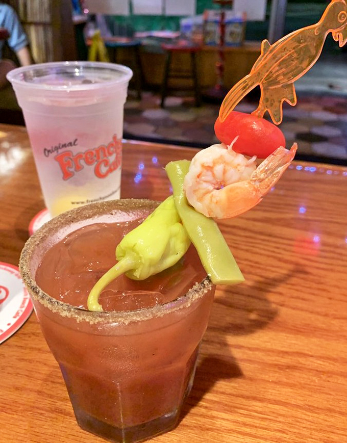 A bloody mary garnished with enough seafood to qualify as lunch &ndash; because why choose between drinking and eating?