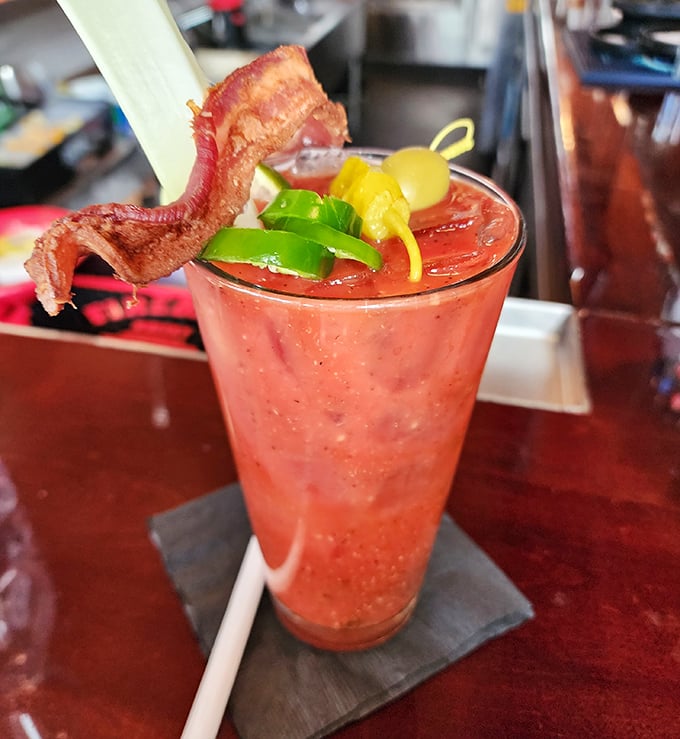 This Bloody Mary isn't just a drink, it's a meal with a straw. That bacon garnish isn't playing around&mdash;it means business.