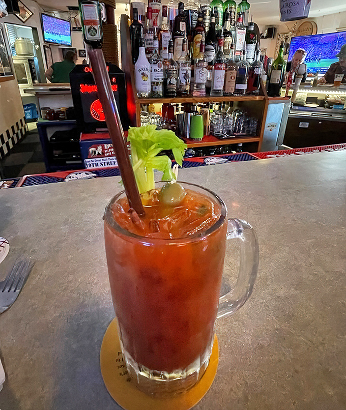 A Bloody Mary that doubles as a meal, complete with celery stalk. Hair of the dog never looked so appetizing.