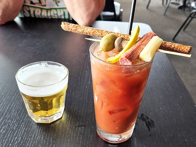 The Wisconsin handshake: a Bloody Mary with all the fixings and a beer chaser. Breakfast, lunch, and social lubricant all in one glass.