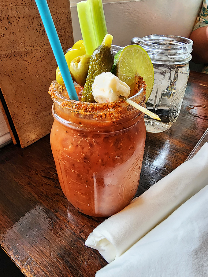 A Bloody Mary that's practically a meal unto itself&mdash;garnished with enough vegetables to count as your daily serving while the rim's spicy kick wakes up your taste buds.
