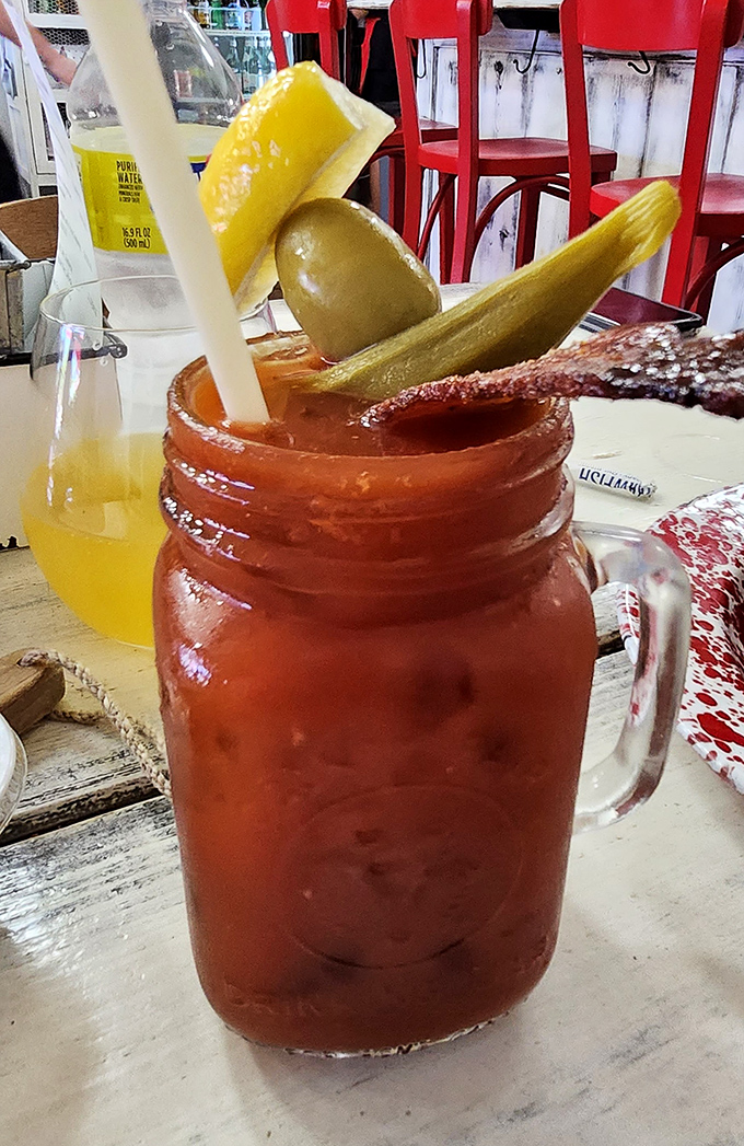 A Bloody Mary that's practically a meal unto itself. Those pickles and celery aren't garnishes&mdash;they're co-stars in this breakfast cocktail drama.