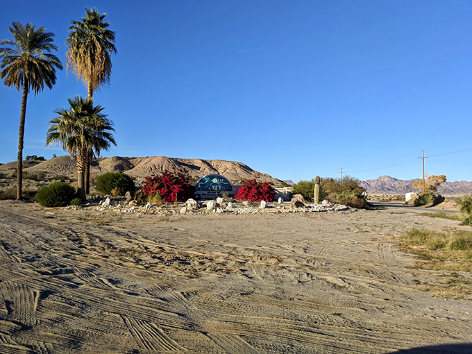 The "Welcome to Blythe" sign greets visitors with desert-appropriate landscaping and palm trees, a first impression that speaks to the town's natural beauty.