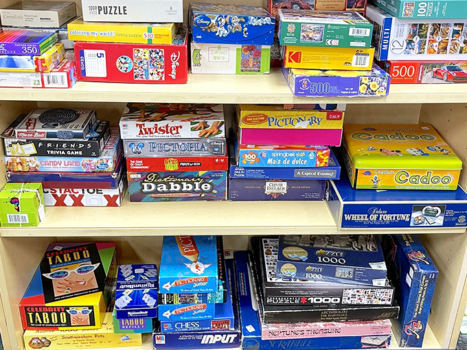 Game night nostalgia stacked three shelves deep&mdash;where family feuds and friendly competitions await resurrection at a fraction of retail prices.