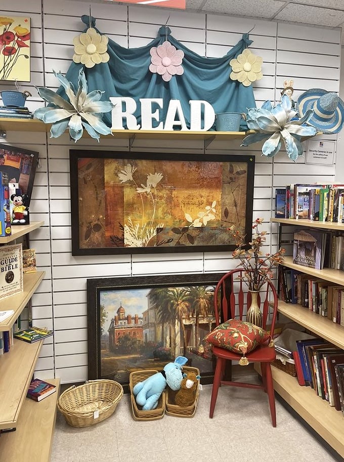 A reading nook that invites you to judge books by their bargain prices. Literary treasures await the patient browser!
